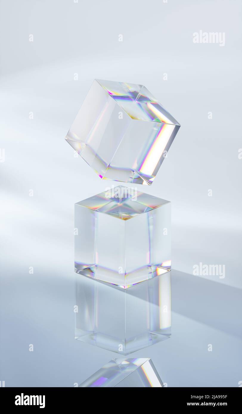 Glass cube with bright background, 3d rendering. Computer digital ...