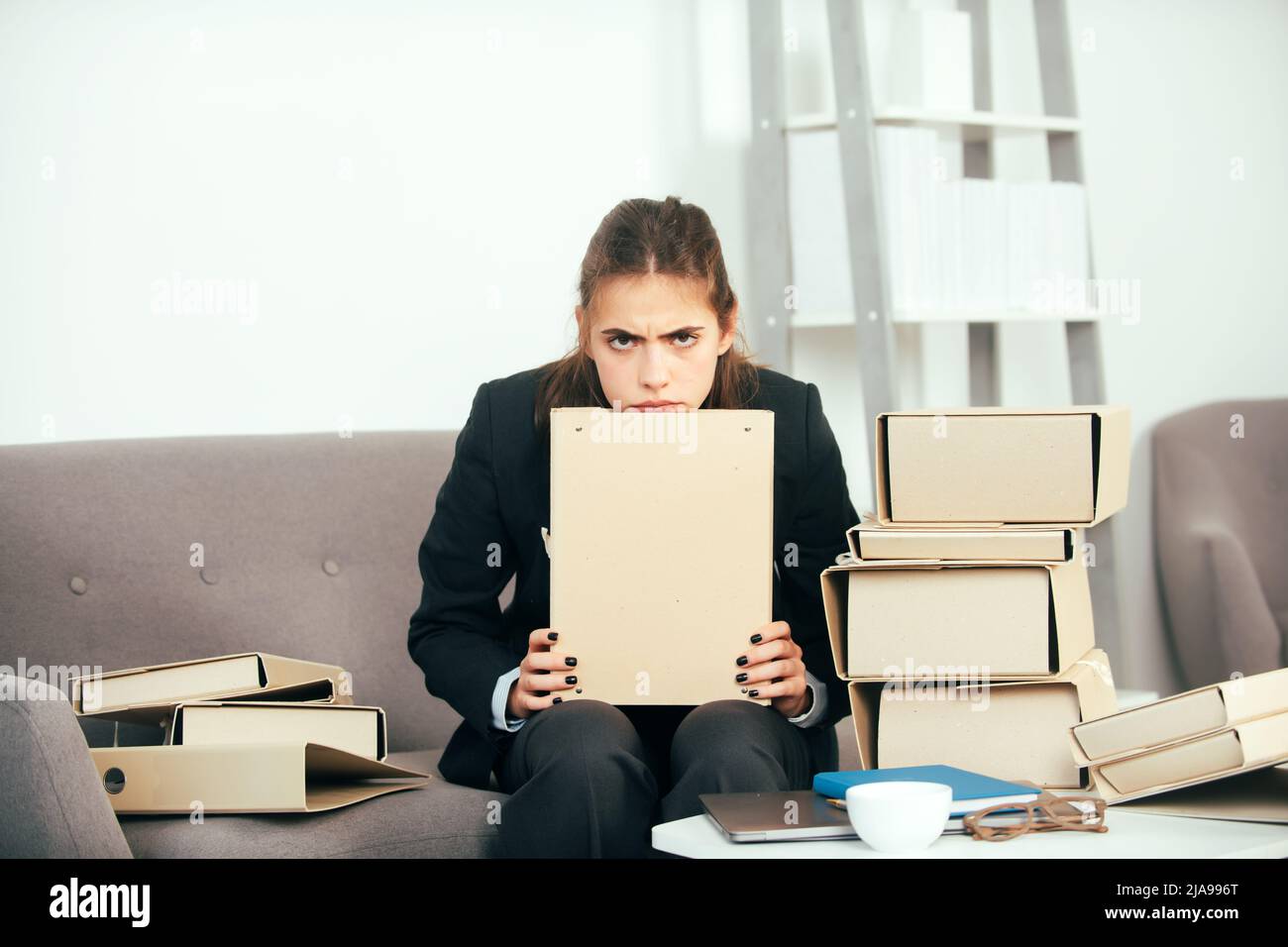 Sad busy secretary, stressed overworked business woman too much work ...