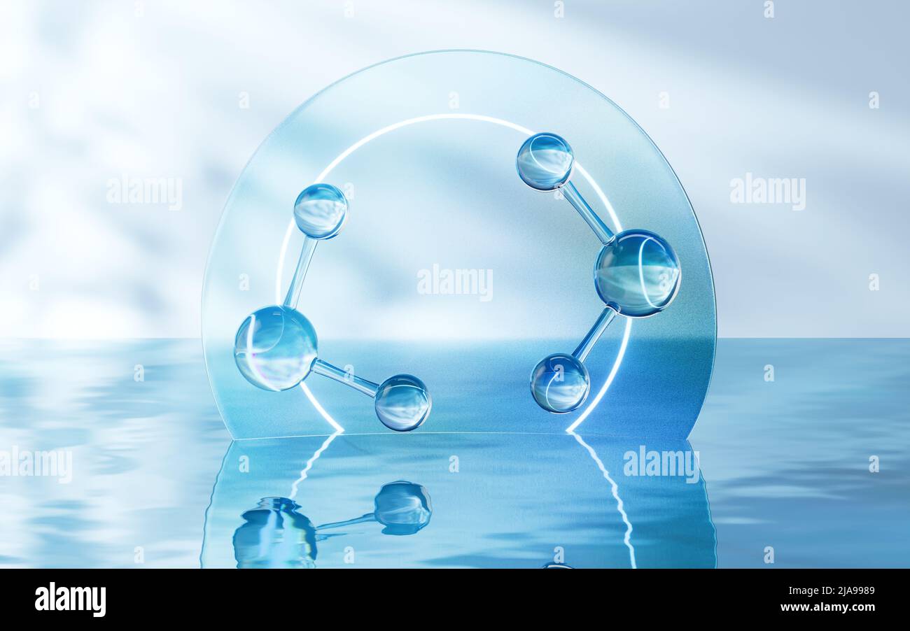Molecule with water surface background, 3d rendering. Computer digital ...