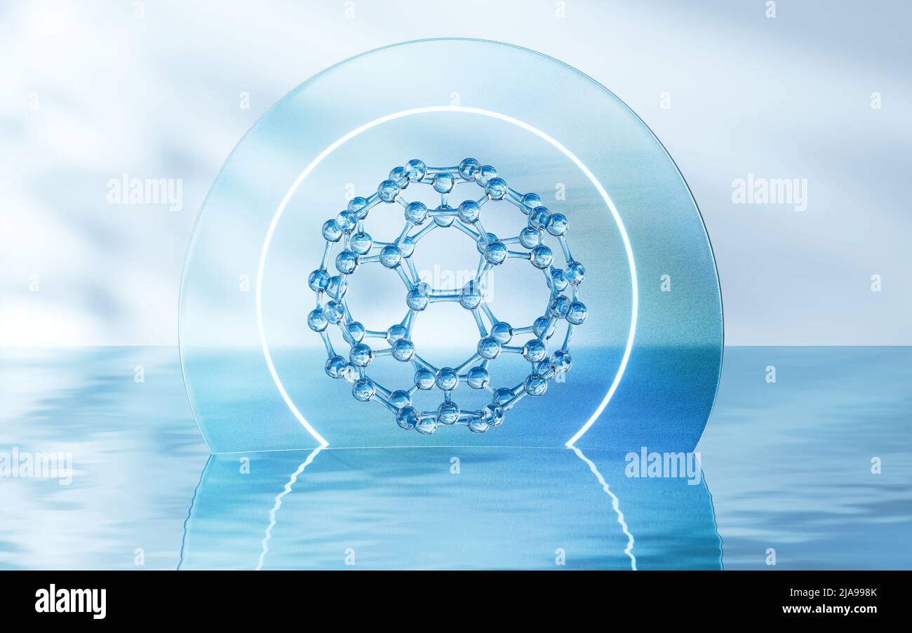 Molecule with water surface background, 3d rendering. Computer digital ...