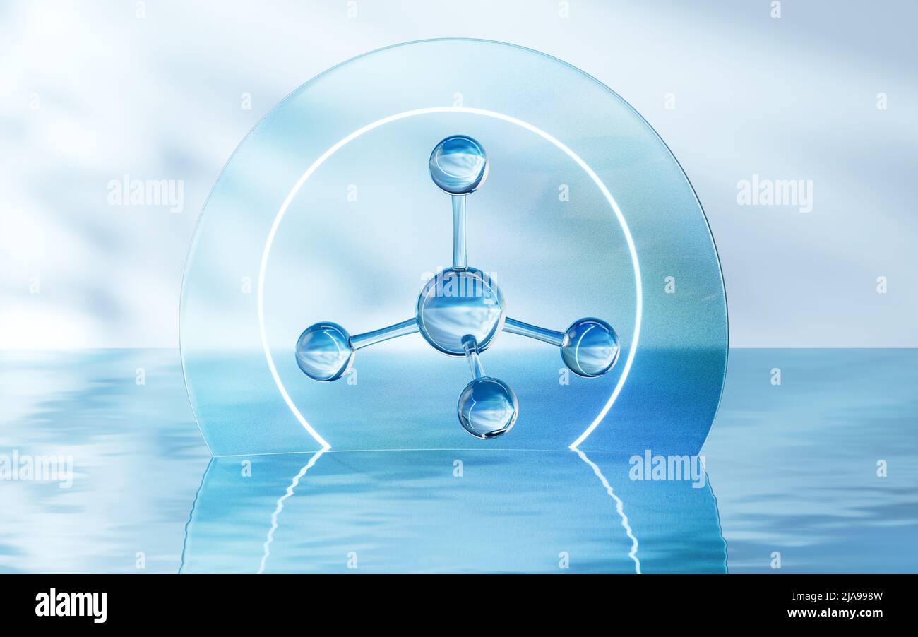 Molecule with water surface background, 3d rendering. Computer digital ...