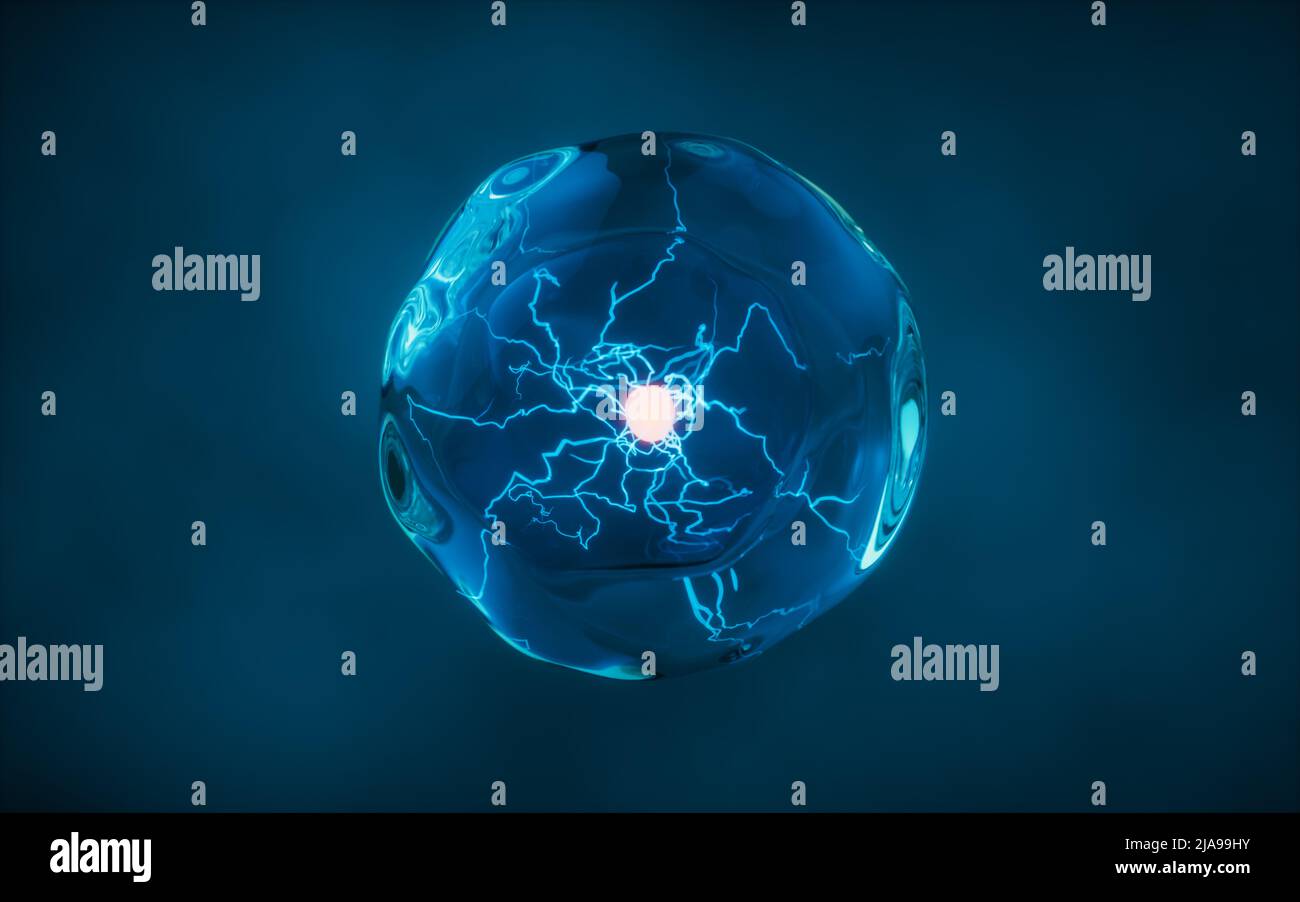 Transparent cell with glowing nucleus inside, 3d rendering. Computer ...
