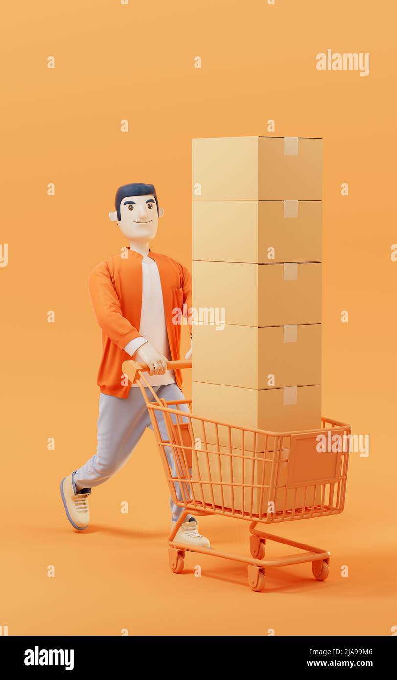 The man pushing the shopping cart, 3d rendering. Computer digital ...