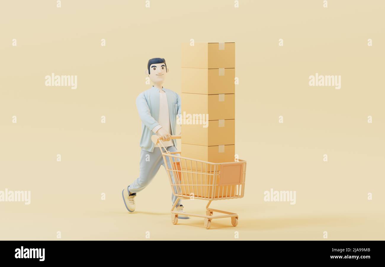 The man pushing the shopping cart, 3d rendering. Computer digital ...