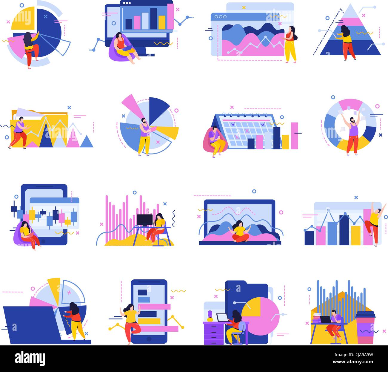 Data analysis flat set of isolated icons of documents people with ...