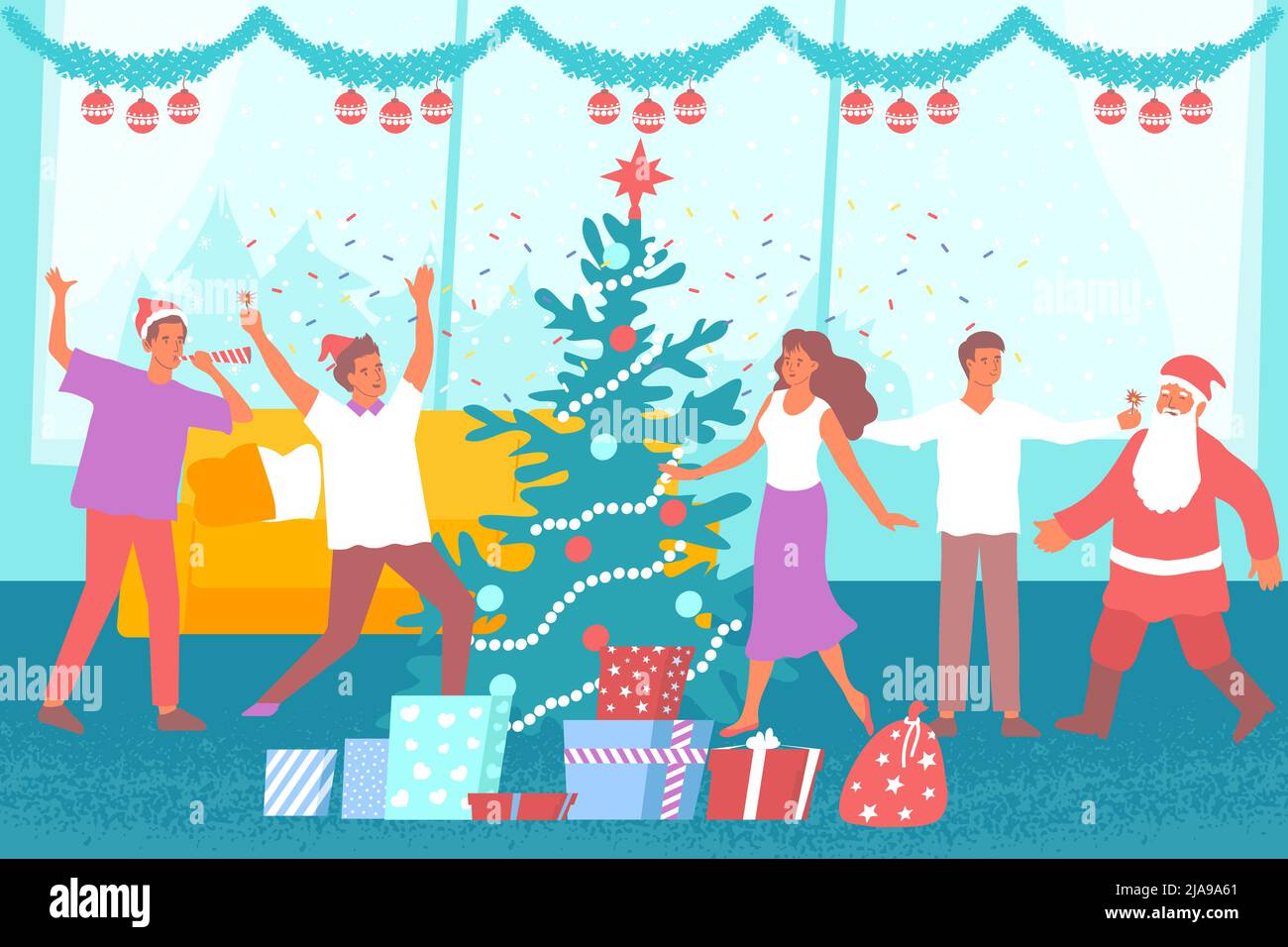 Happy people dancing around decorated tree at christmas party flat ...