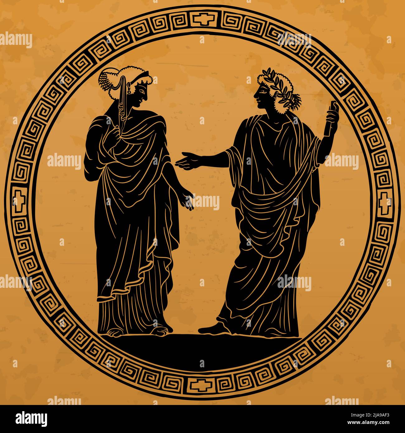 A young man in an ancient Greek tunic with a papyrus scroll in his hand ...