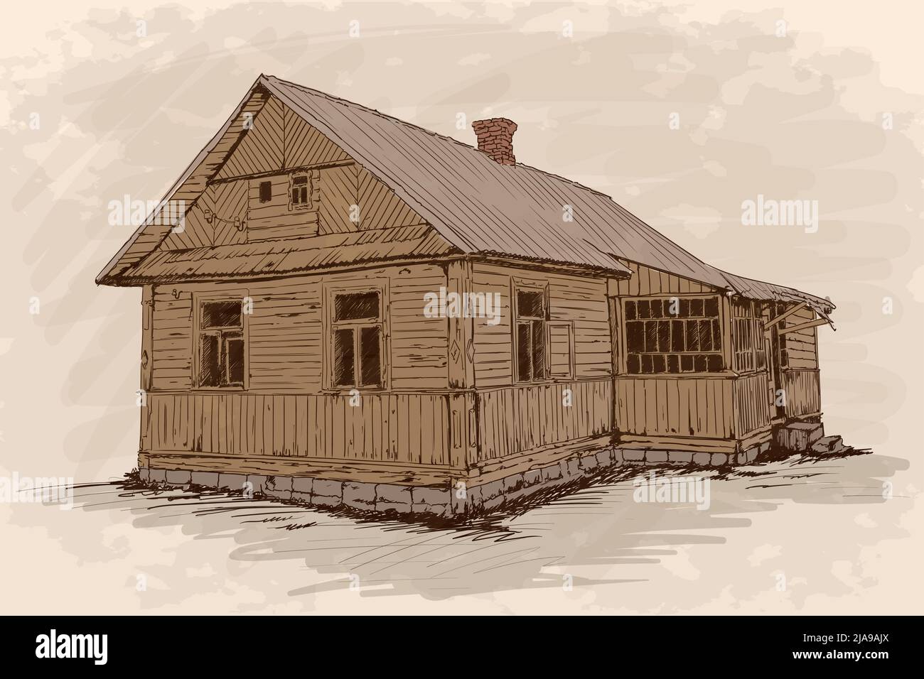 Hand sketch on a beige background. Old rustic wooden house on a stone ...