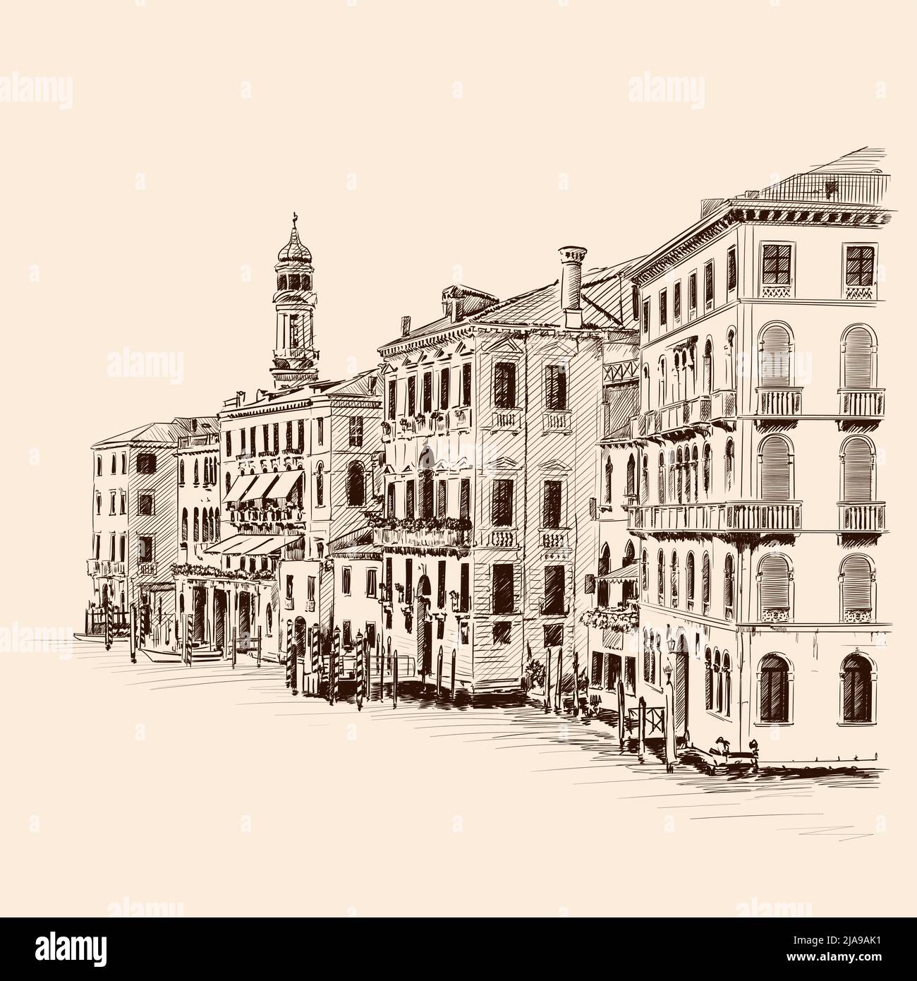 Sketch of street of an old European city with high-rise buildings and a ...