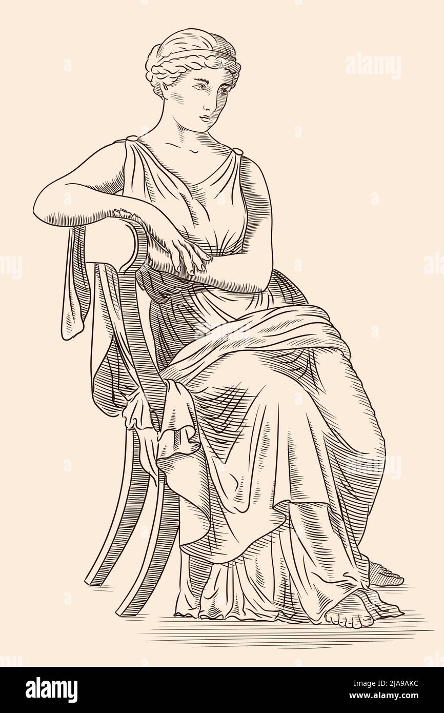 An ancient Greek young woman in a tunic sits on a chair. Antique ...