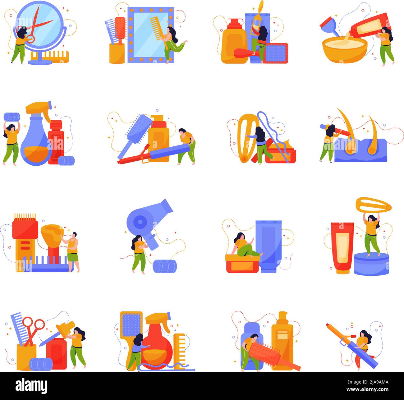 Hair care set of flat icons with isolated cosmetic product images ...