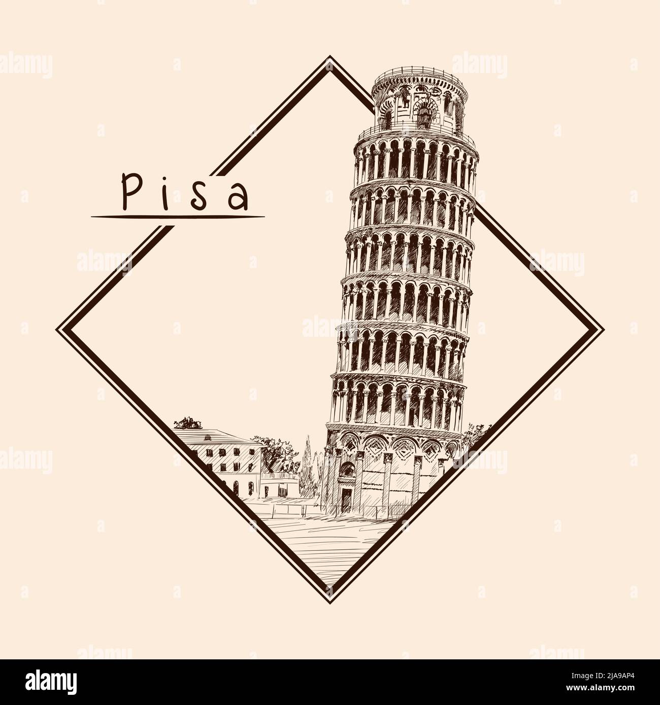 Leaning Tower of Pisa. Italy,. Pencil sketch on a beige background ...