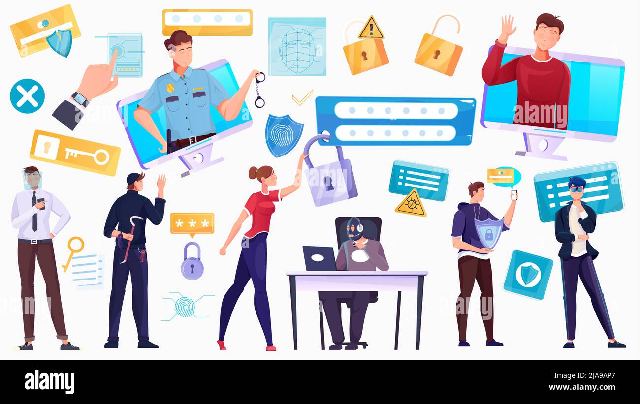 Personal information flat icons of people locks shields keys biometric ...