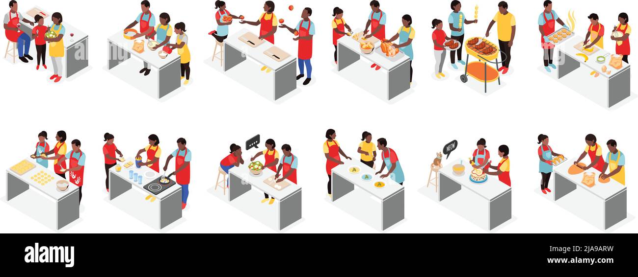 Family cooking recolor icons set with cooking process symbols isometric ...