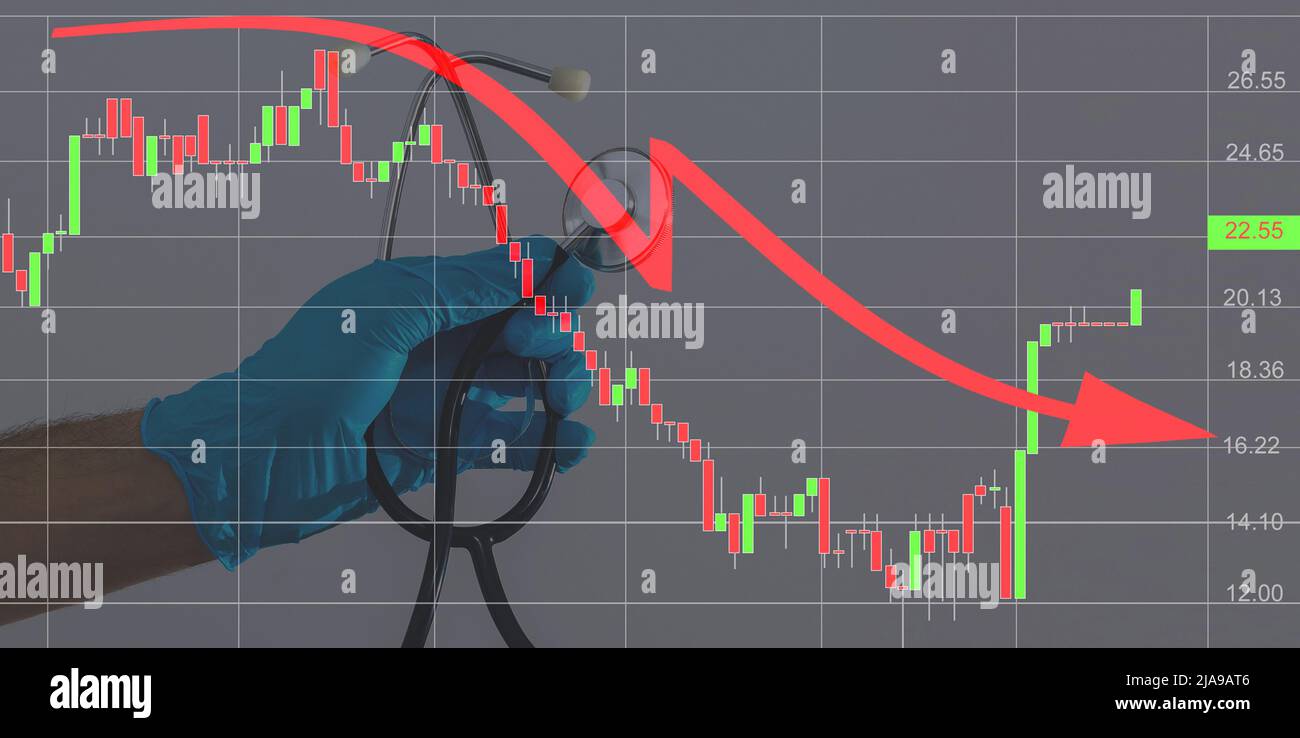 In Laboratory Female Scientist against chart in the fall, going down ...