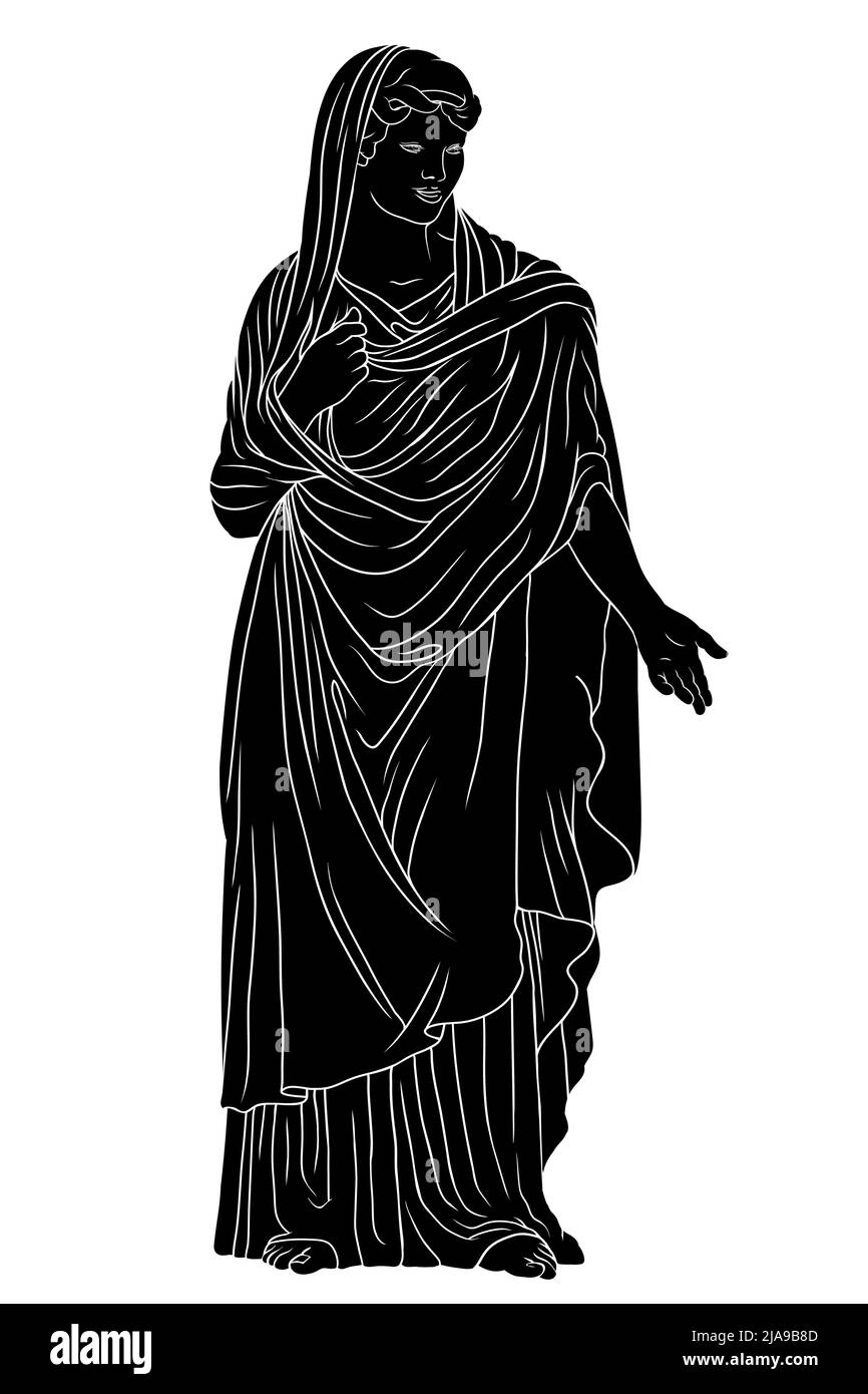 An ancient Greek young woman in a tunic and cape stands and gestures ...