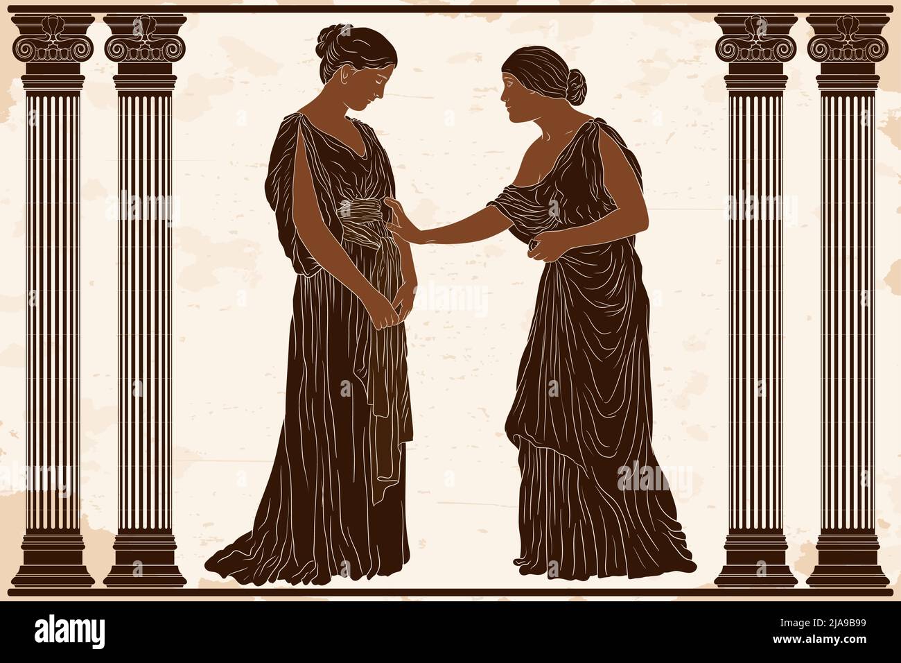 Two young ancient Greek women in tunics stand in the temple between the ...