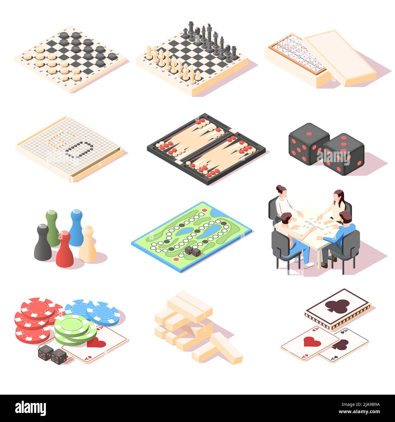 Isometric set with colorful 3d icons of different board games equipment ...