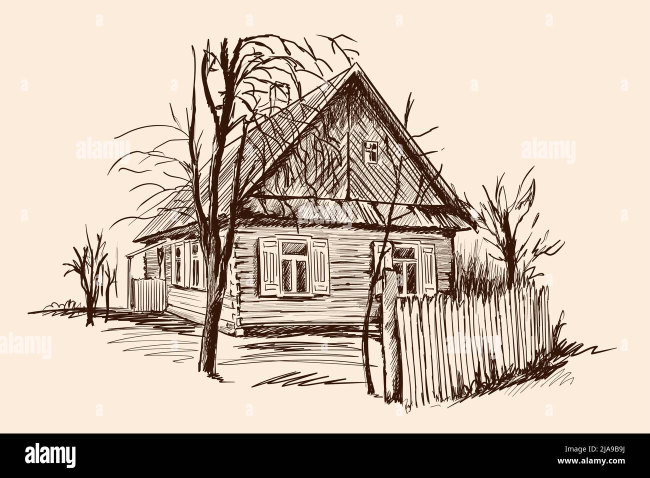 Rural landscape with an old wooden house and a broken fence. Hand ...