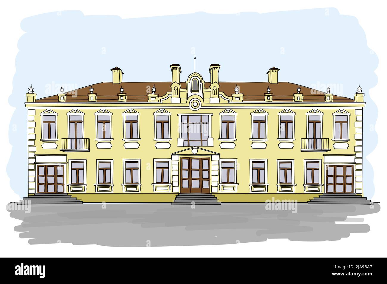 An old European palace with large windows and doors with a brown roof ...