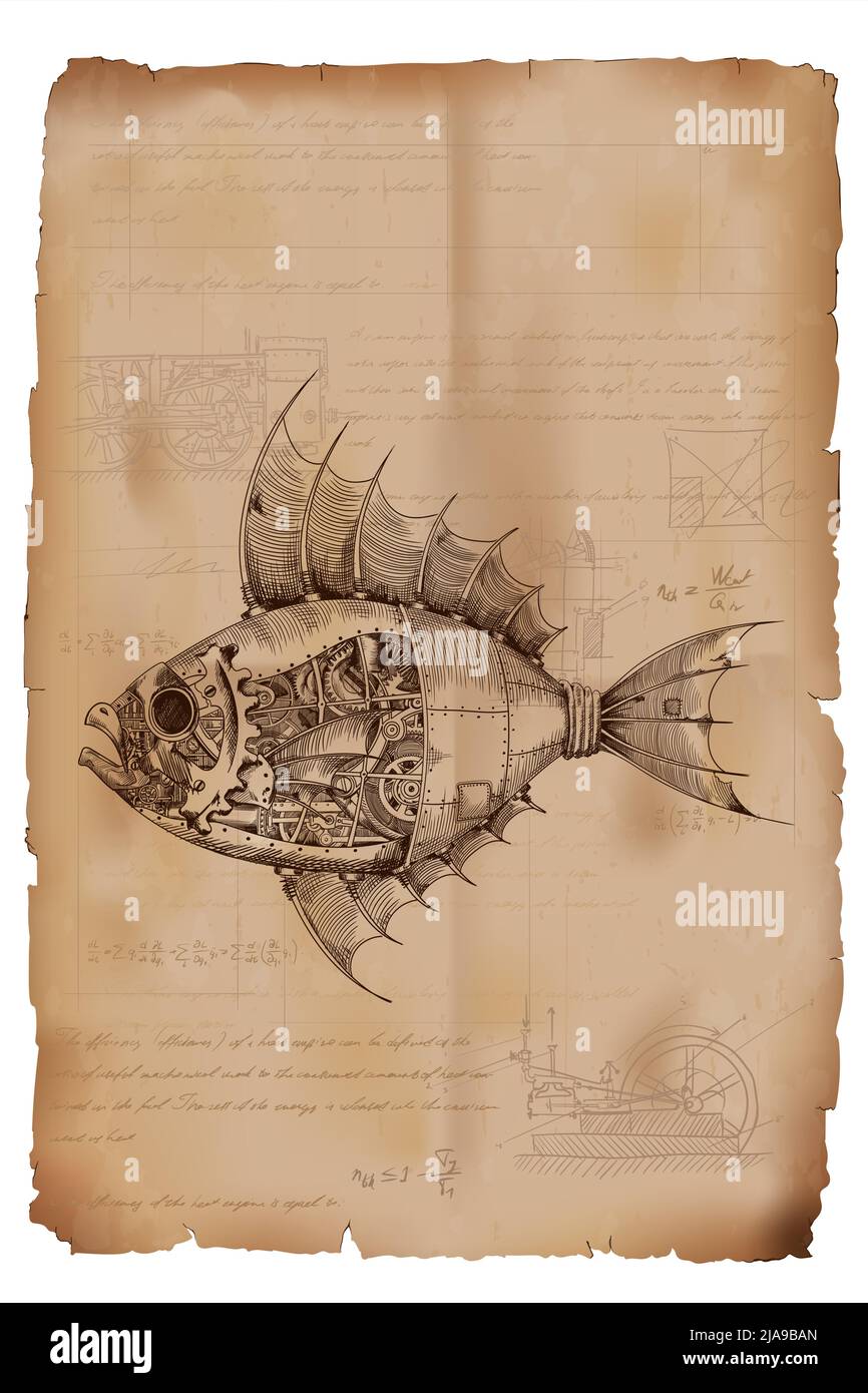 Fish with a metal body on mechanical control in steampunk style on the ...