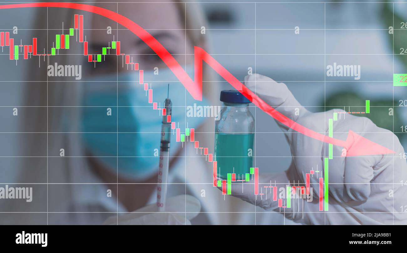 In Laboratory Female Scientist against chart in the fall, going down ...