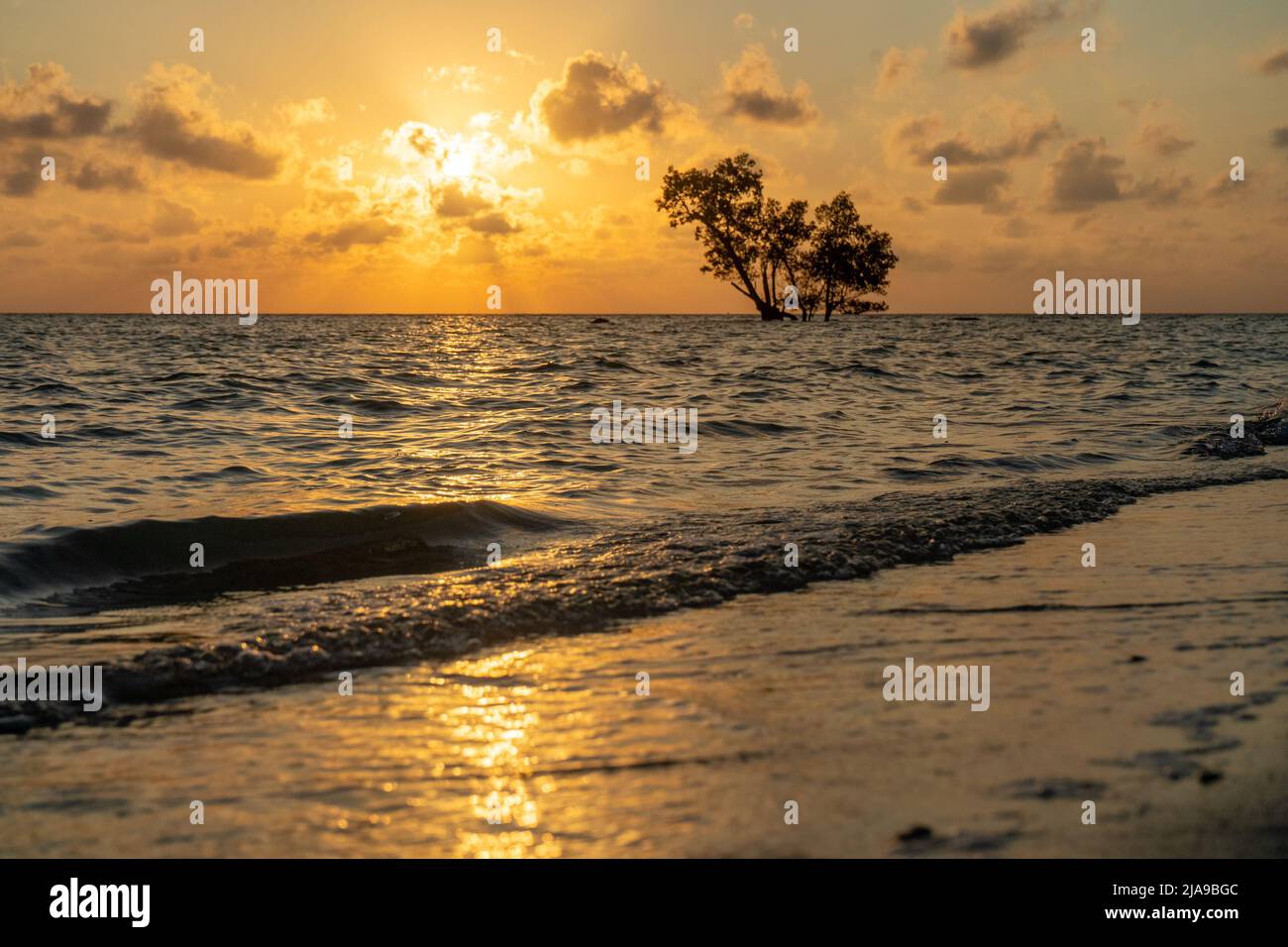 low sunrise shot with the light and red colors reflected in the waves ...