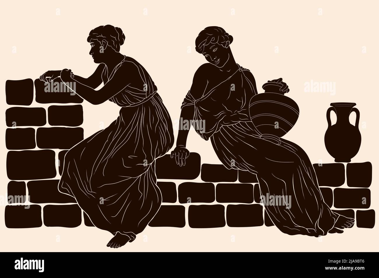 Two ancient Greek women sit on a stone parapet with jugs and have a ...