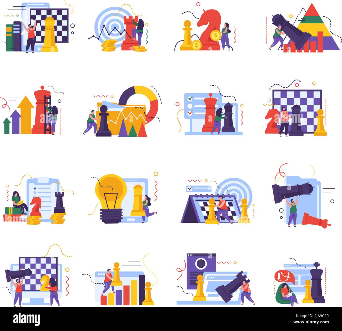 Business strategy icons set with chess game symbols flat isolated ...