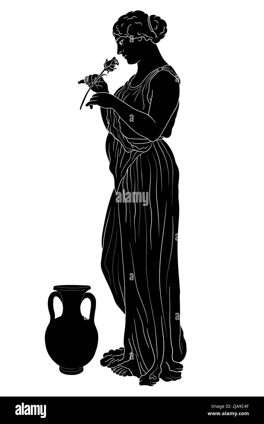 An ancient Greek girl in a tunic with a flower in her hand stands near ...