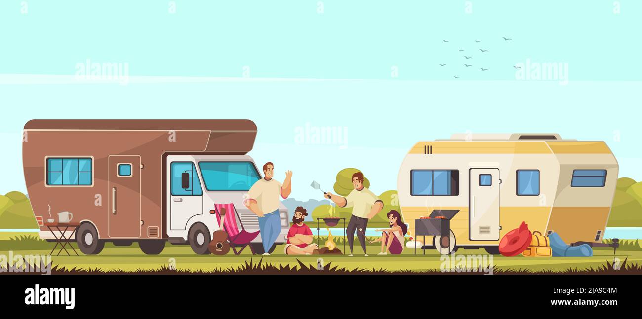 Camper and travel trailer vacationers families grilling meat barbecuing ...