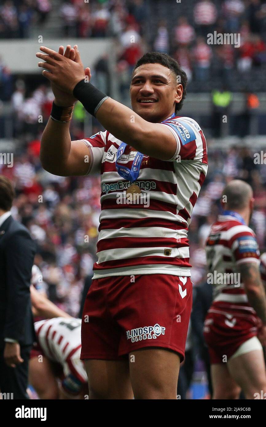 London, UK. 28th May, 2022. Patrick Mago of Wigan Warriors celebrates ...