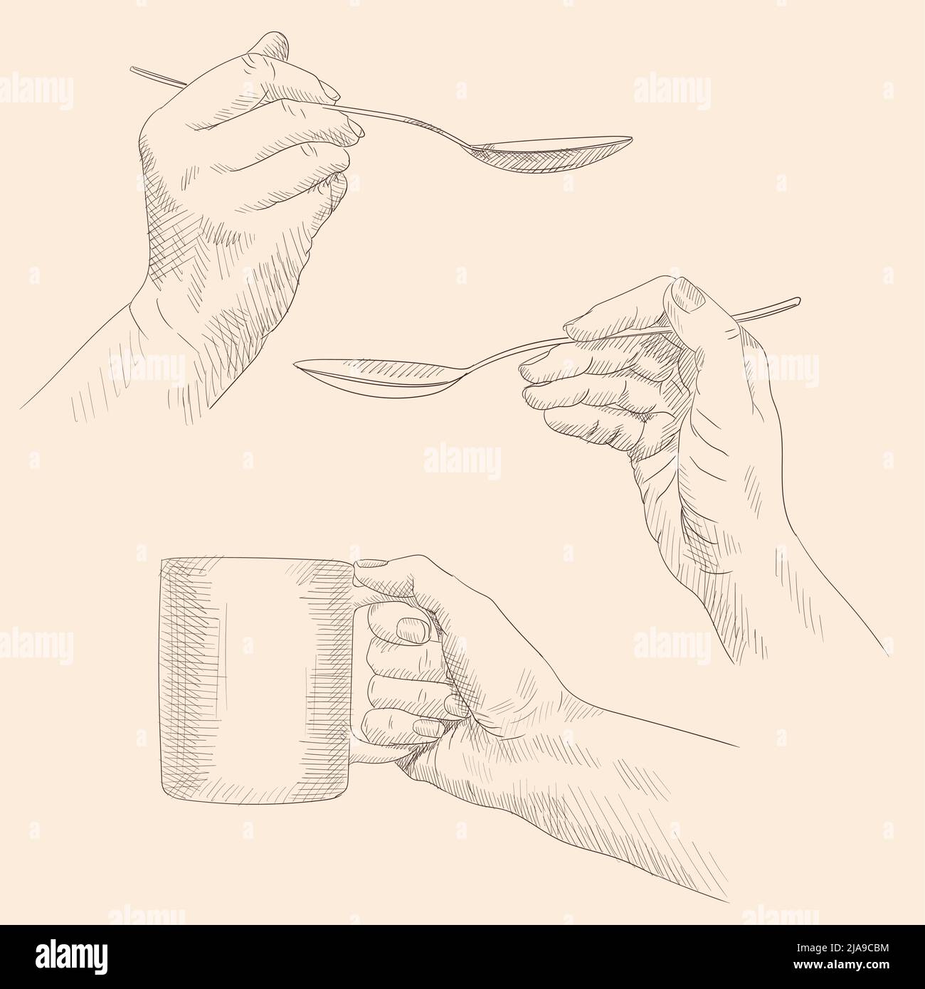 Female hands hold cutlery mug and spoon. Pencil sketch on a beige ...