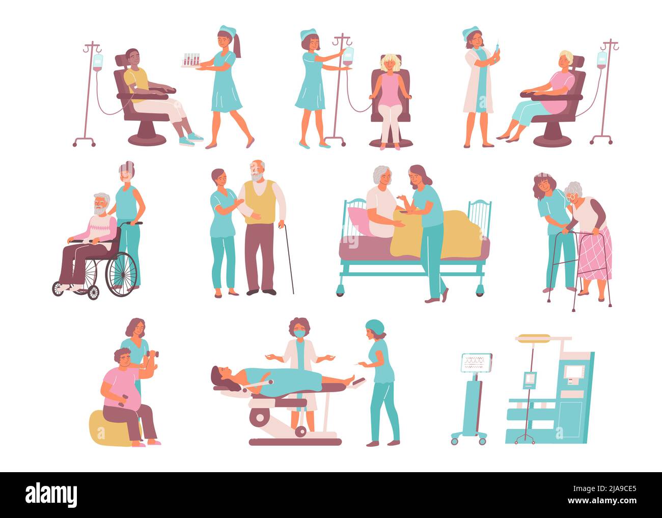 Nurse flat icon set with care for the sick and elderly help with ...