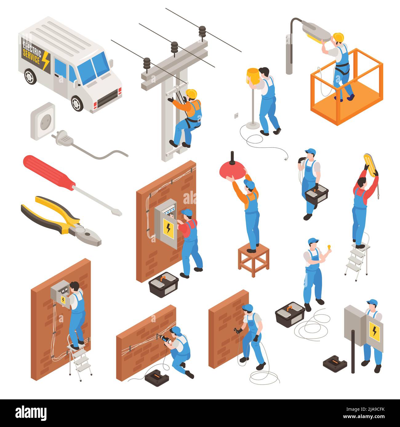 Electrician isometric icons set with maintenance and service symbols ...