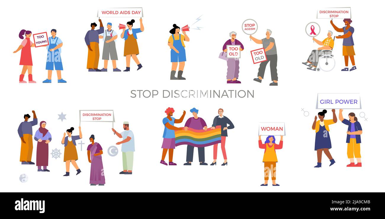 Discrimination set with flat icons and human characters of activists ...