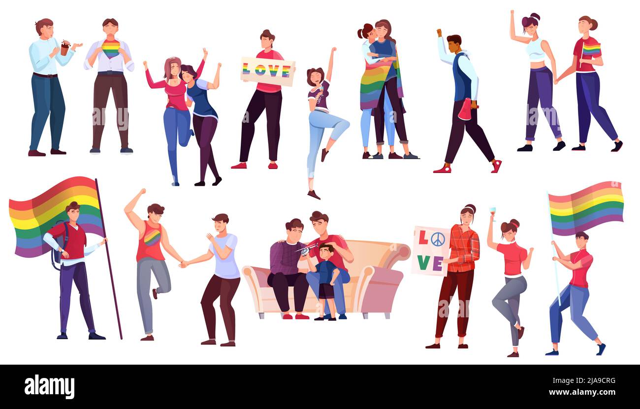 Lgbt people flat set of adult characters at home and participating in ...