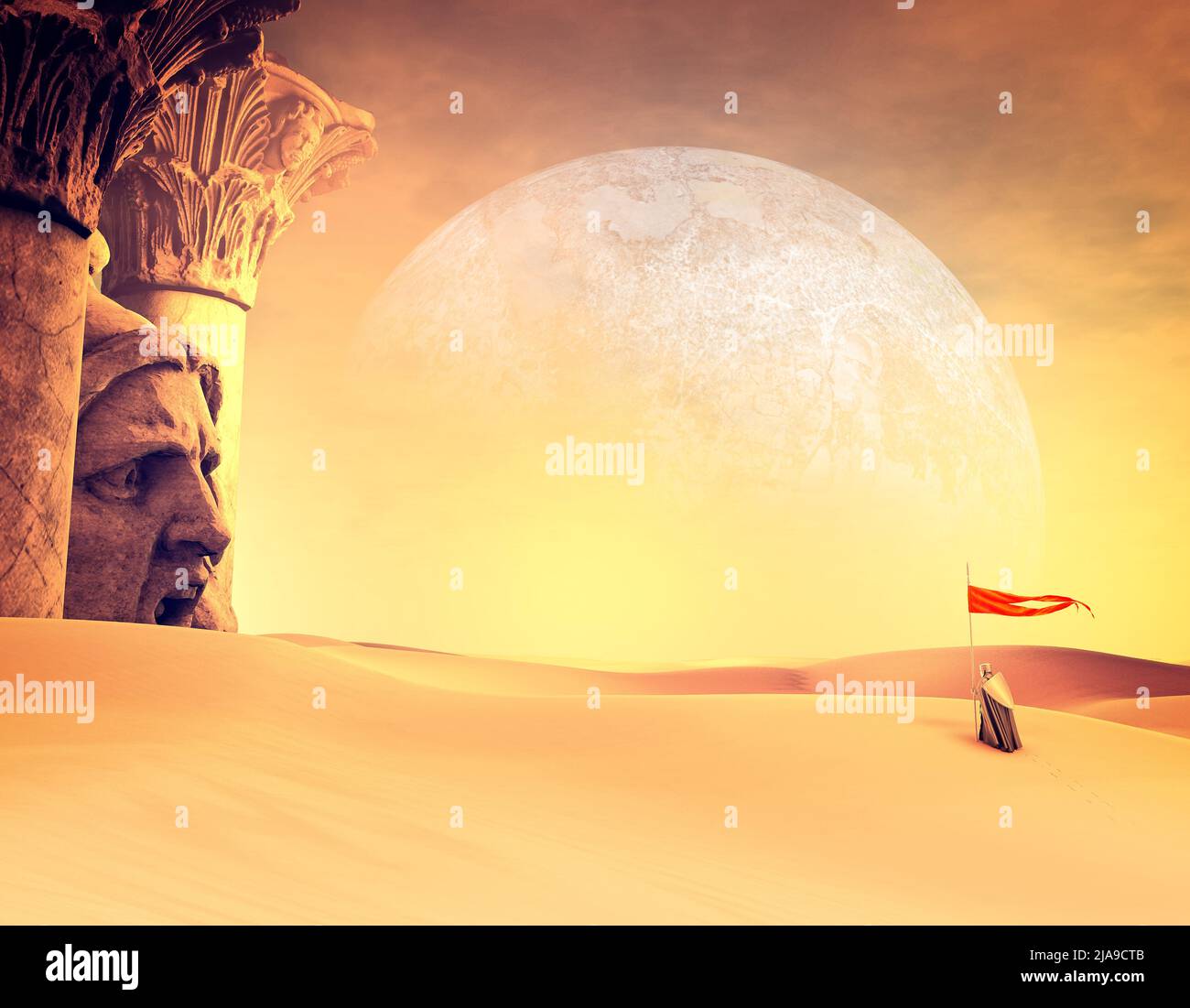 Fantasy landscape, medieval warrior surrounded by ruins of other times ...