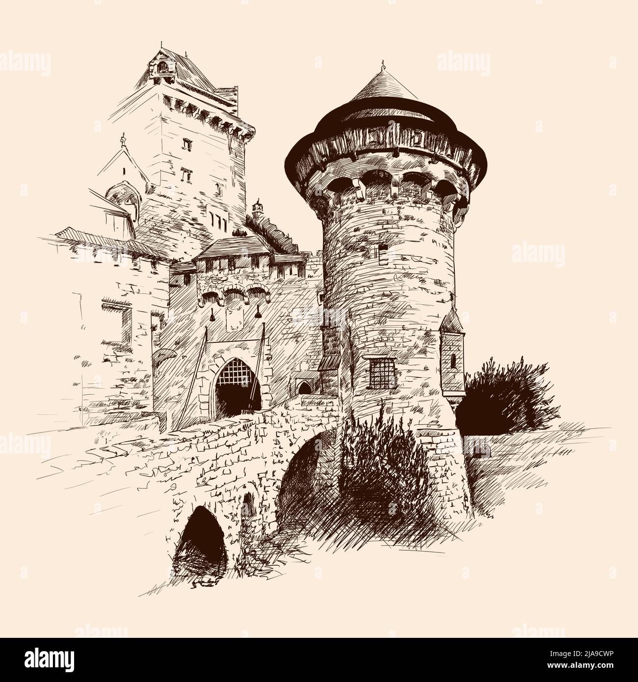 Medieval stone castle with towers by the sea and a bridge Stock Vector ...