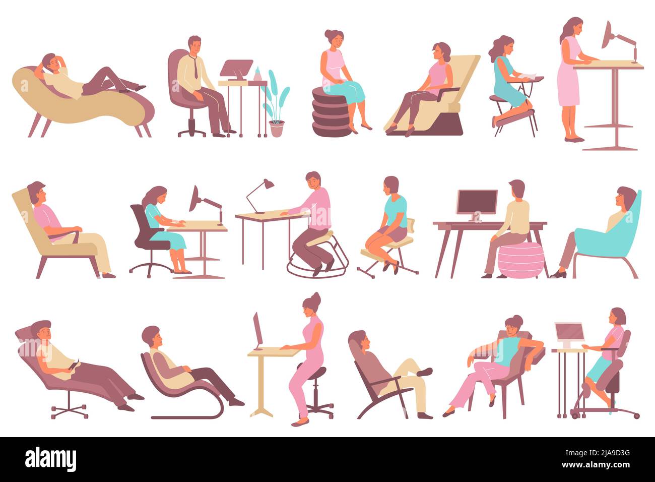 People using modern ergonomic furniture for rest and work flat set ...