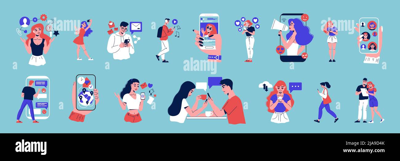 Social network color set of isolated icons and human characters with ...