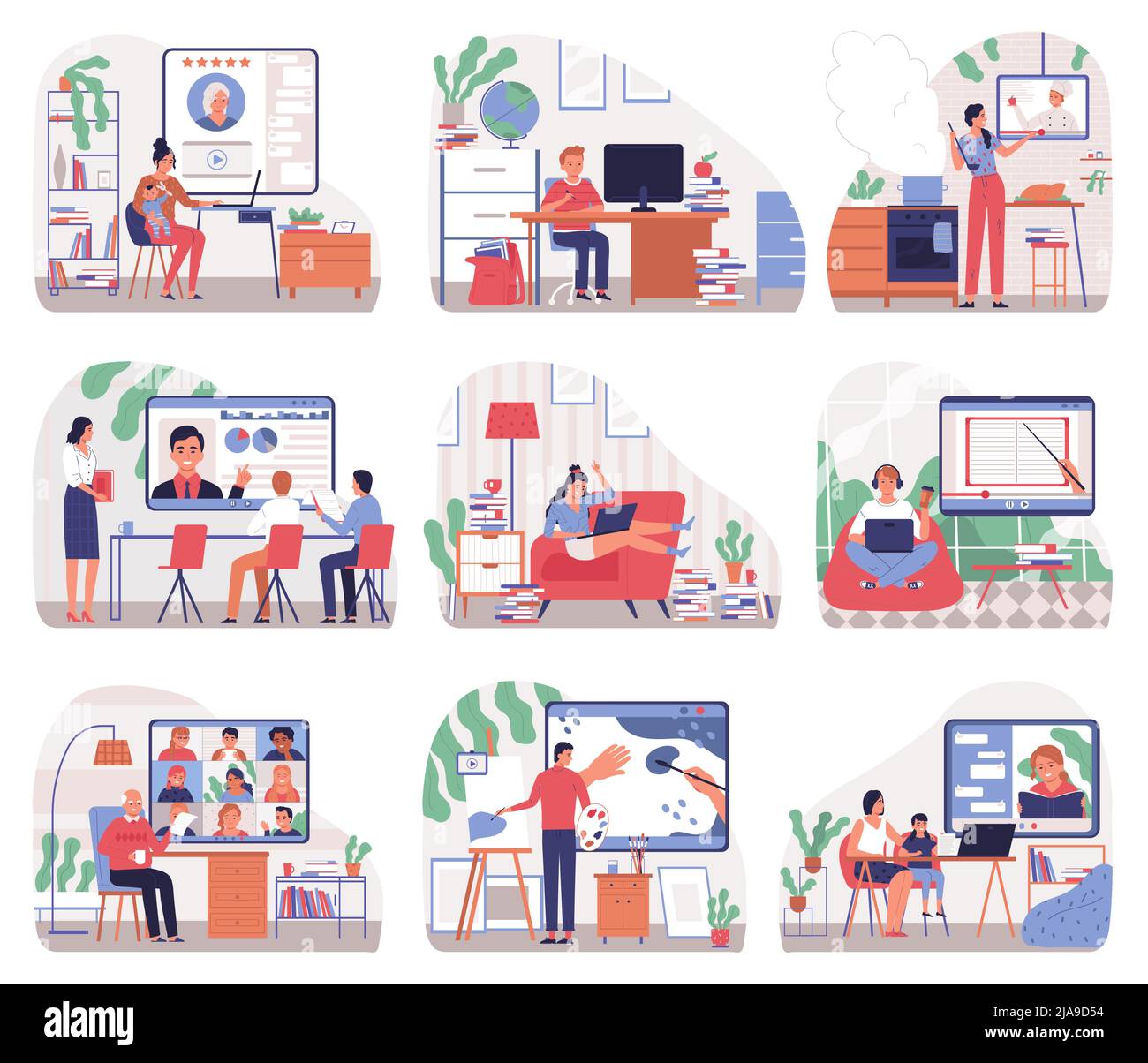 Online education compositions set with people of different age studying ...