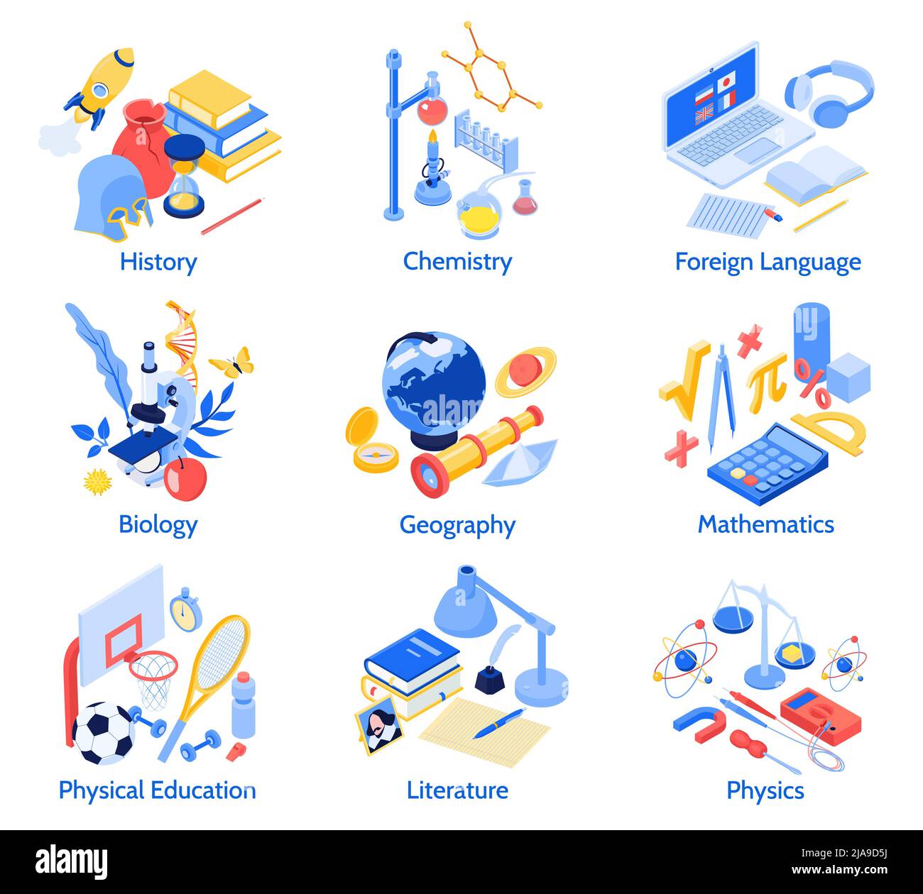 Set of isolated school education subjects compositions with text ...