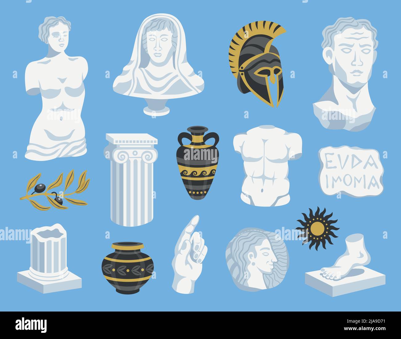 Set of isolated antique statues and signs icons with images of ancient ...