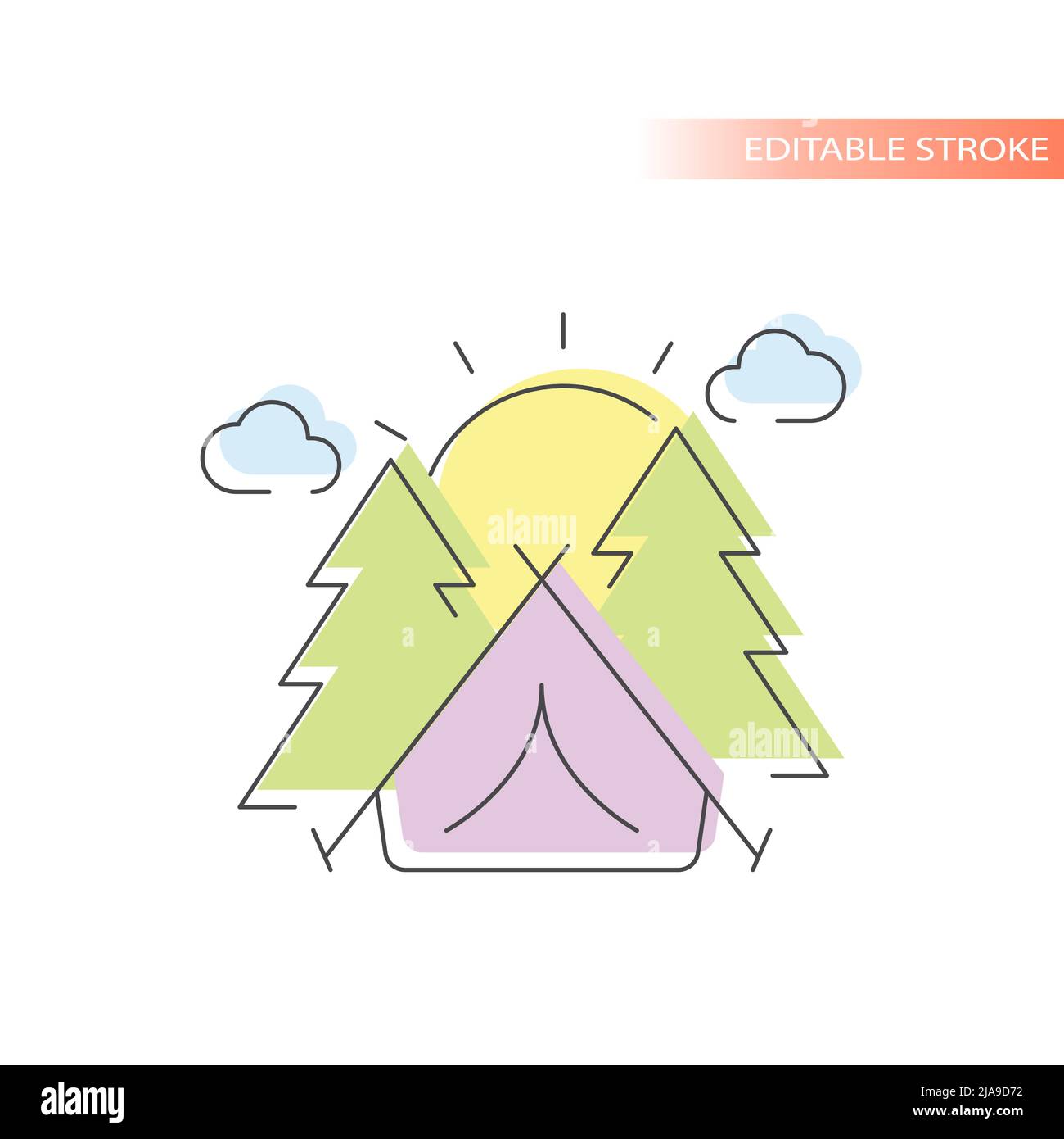 Camping tent in nature with trees and sun. Outdoors colorful scene with ...