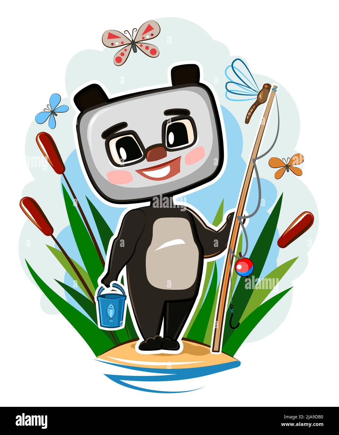 Funny cute baby panda Bear on the bank of stream. Fisherman with ...