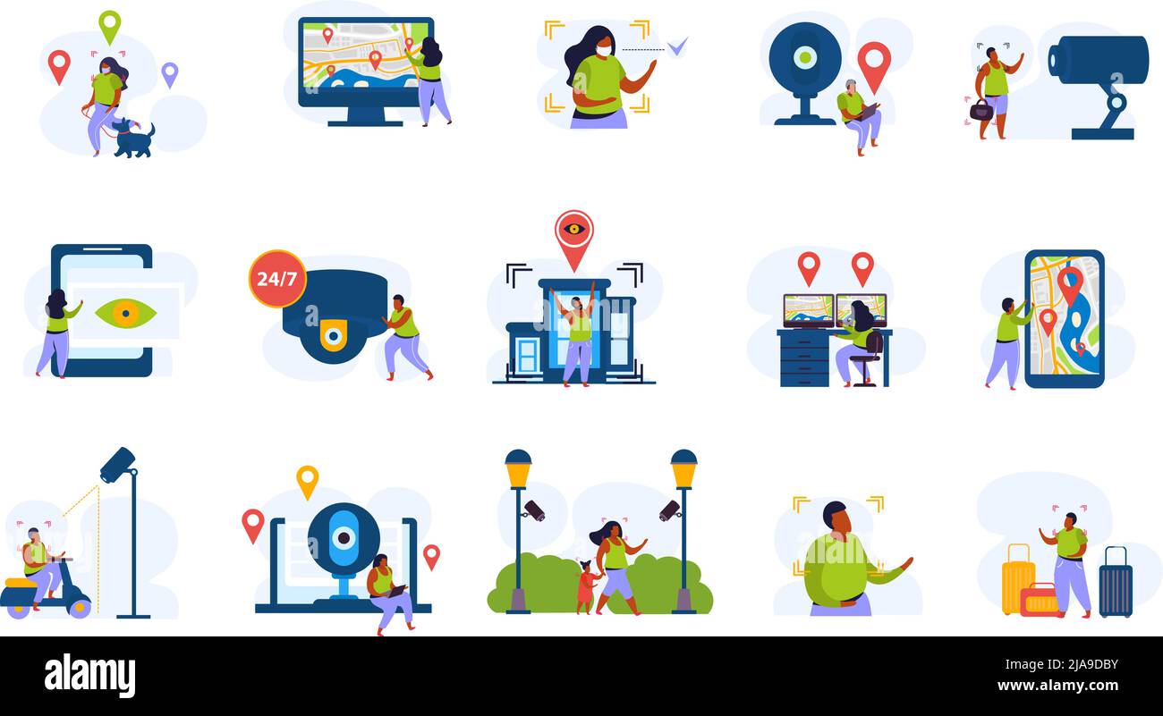 City video monitoring flat recolor set with isolated characters of ...