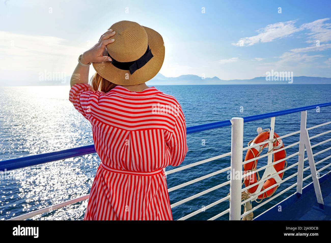 Cruise ship vacation holiday. Rear view of relaxed stylish woman ...