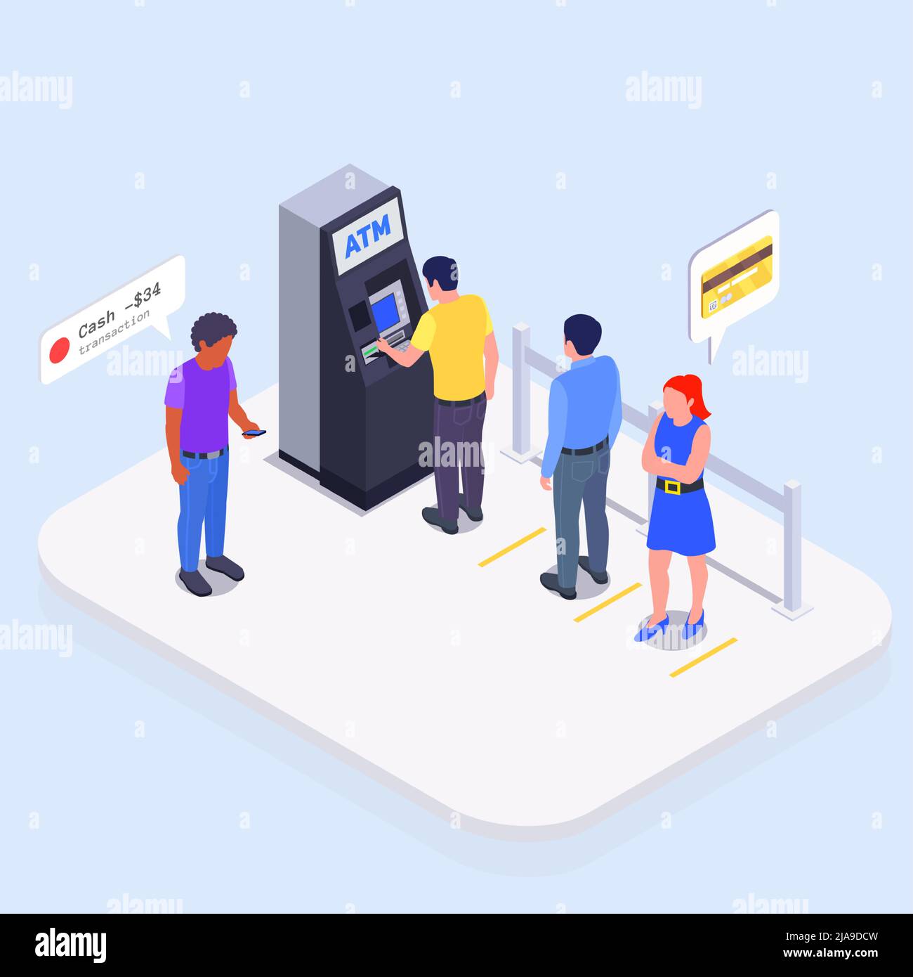 People using interfaces isometric colored composition queue at ATM to withdraw money vector ...