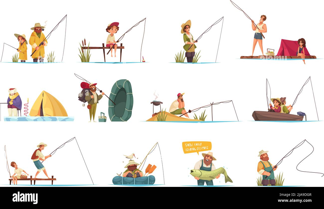 Recreational fishing cartoon set with winter ice angling family in boat ...